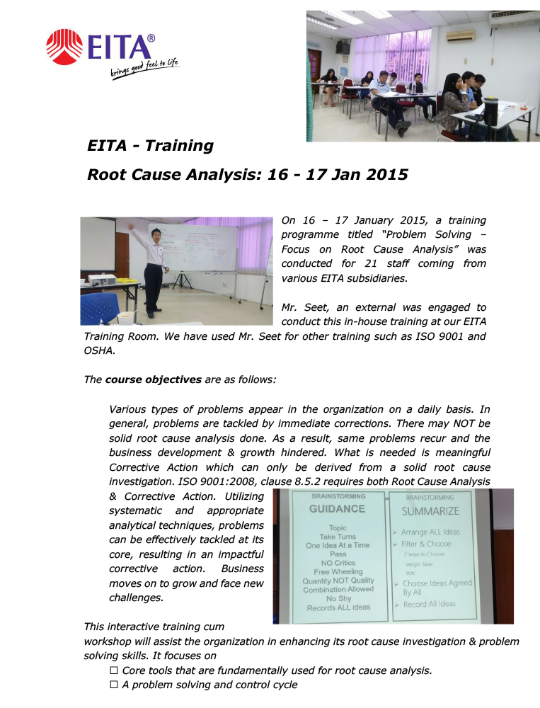 Training programme titled “Problem Solving – Focus on Root Cause ...