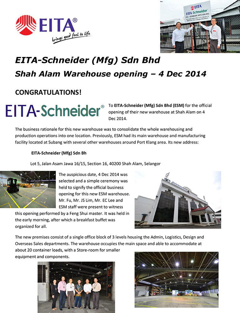 Official opening EITA-Schneider (Mfg) Sdn Bhd (ESM) new warehouse – Eita